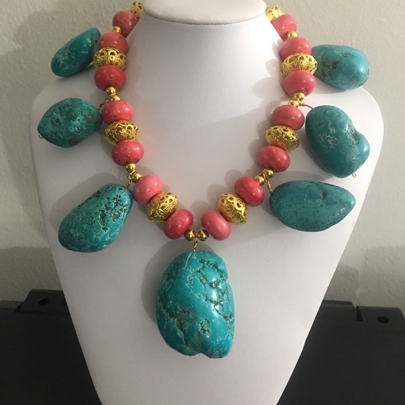 Jewelry | Matrix Turquoise Rose Howlite Brass Necklace 15 In | Poshmark